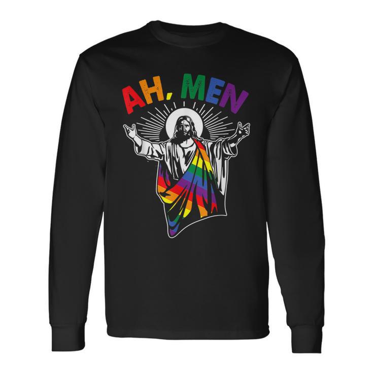 Ah Men Lgbt Gay Pride Jesus Rainbow Flag Christian Long Sleeve T-Shirt ...