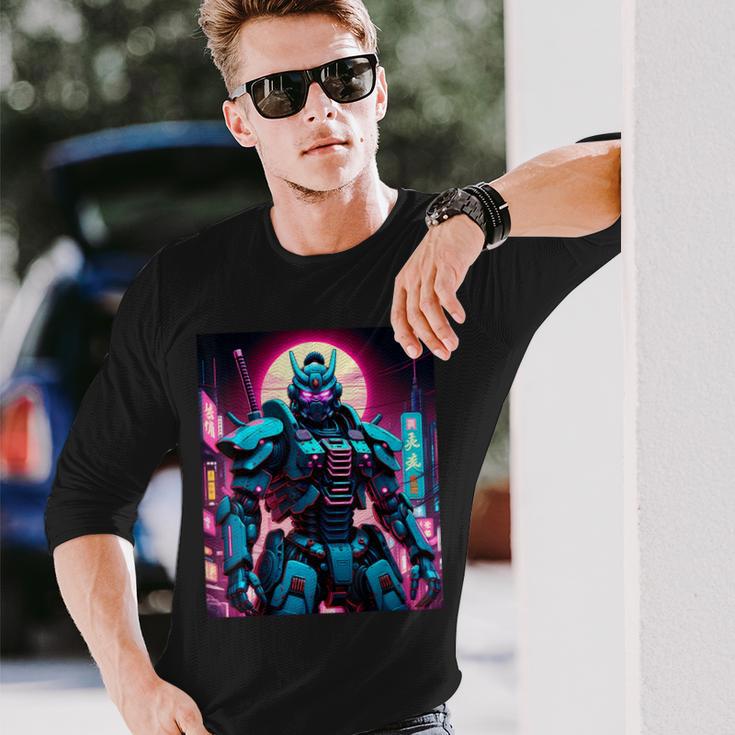 Synthwave Graphic 80s Japanese Vaporwave Mech Robot Samurai Long Sleeve ...