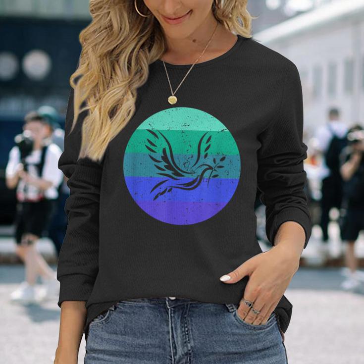 Retro Peace Dove With Olive Branch Vintage Bird In Flight Long Sleeve T ...