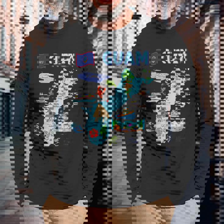 Tourist Attractions Map Of Guam Major Cities Flag USA Long Sleeve T ...