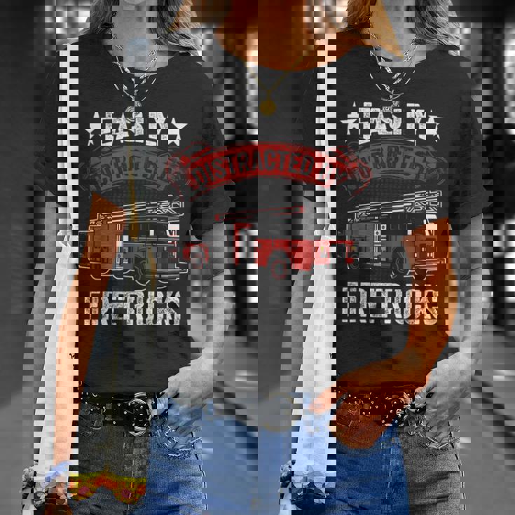 Easily Distracted By Firetrucks Firefighter Fireman T-Shirt - Monsterry