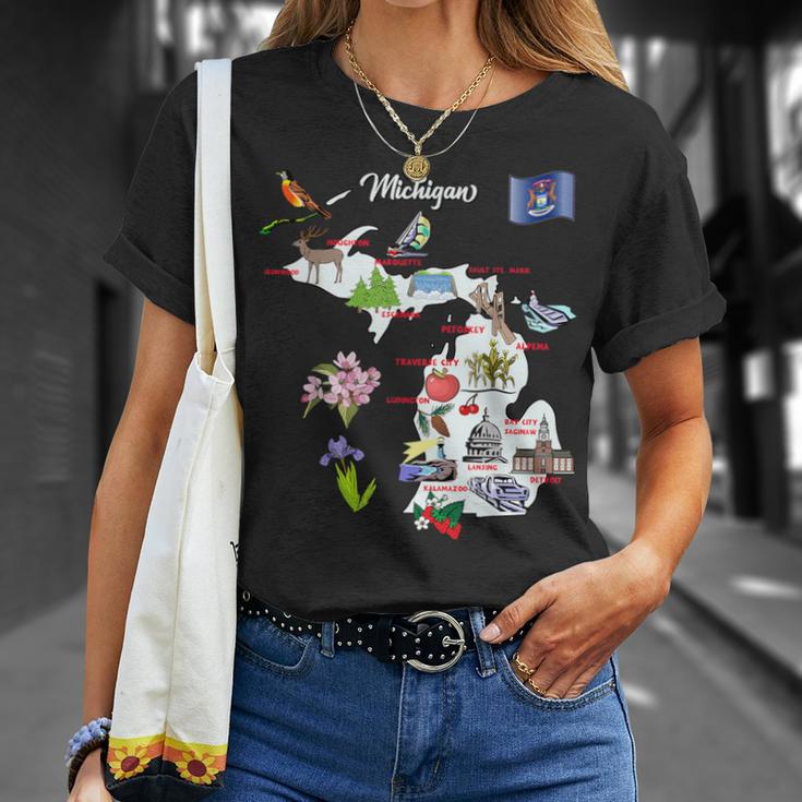 Illustrated Map Of Michigan In US With Cities And Symbols T-Shirt ...