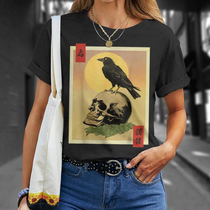 Japanese Skull & Crow Edo Era Ukiyo-e Style Japan Kanji T-Shirt - Monsterry