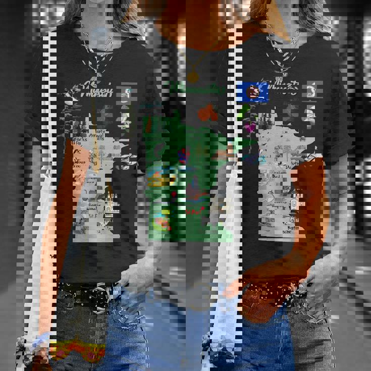 Minnesota Tourist Map With Landmarks And Famous Symbols USA T-Shirt ...