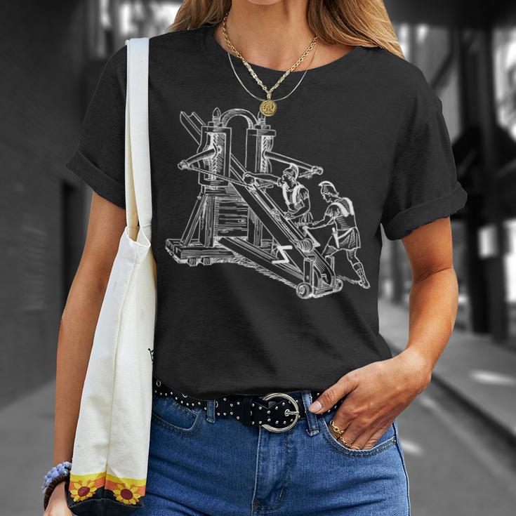 Roman Soldiers Firing Catapult War Technology T-Shirt T-Shirt - Monsterry