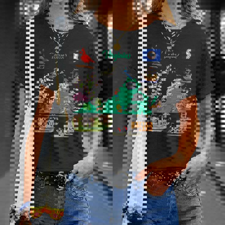 Virginia Tourist Map With Landmarks And Famous Symbols USA T-Shirt ...