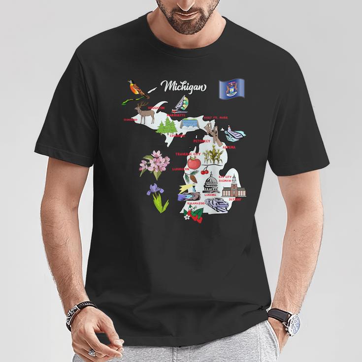 Illustrated Map Of Michigan In US With Cities And Symbols T-Shirt ...