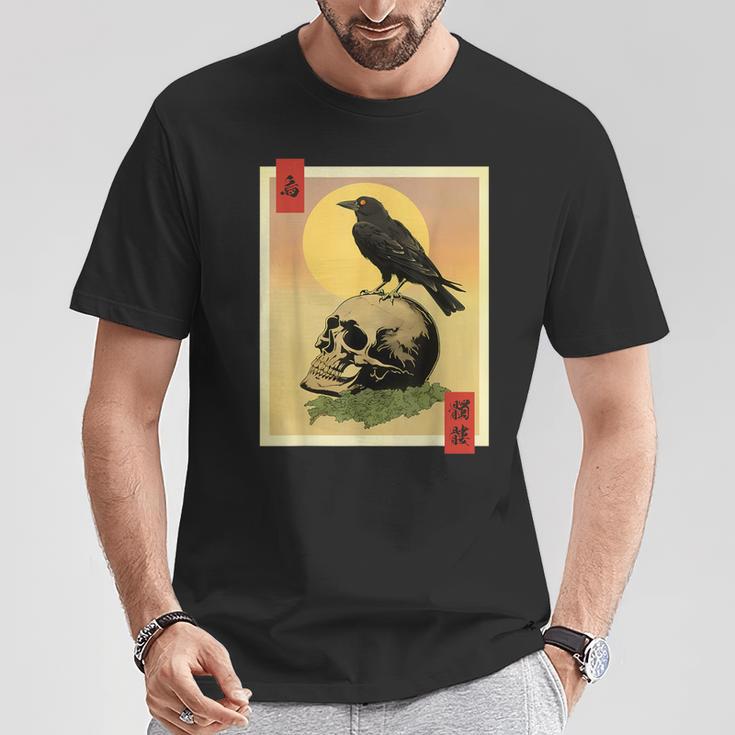 Japanese Skull & Crow Edo Era Ukiyo-e Style Japan Kanji T-Shirt - Monsterry