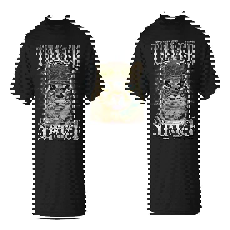 Cat Meme Tummy Ache Survivor Sarcasm Humor Cats Saying T-Shirt | Mazezy