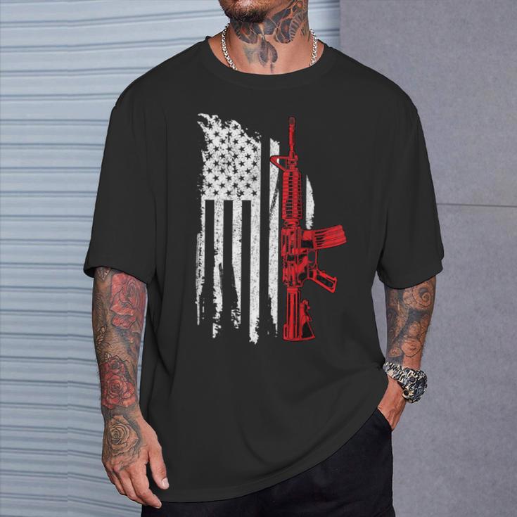 AR-15 Assault Rifle USA Flag Gun T Thin Red Line T-Shirt - Monsterry